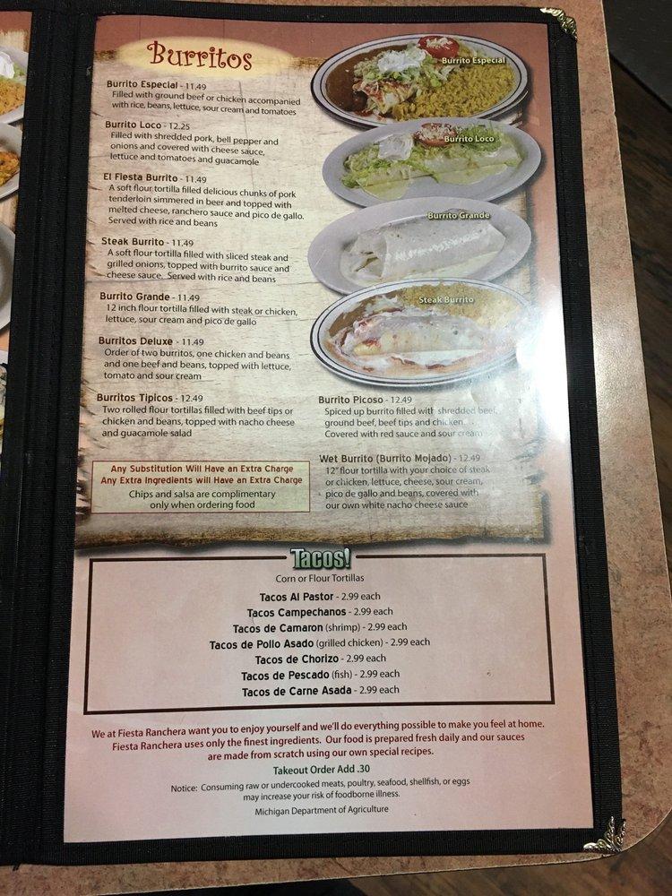 Menu at Fiesta Ranchera Mexican Restaurant, Adrian