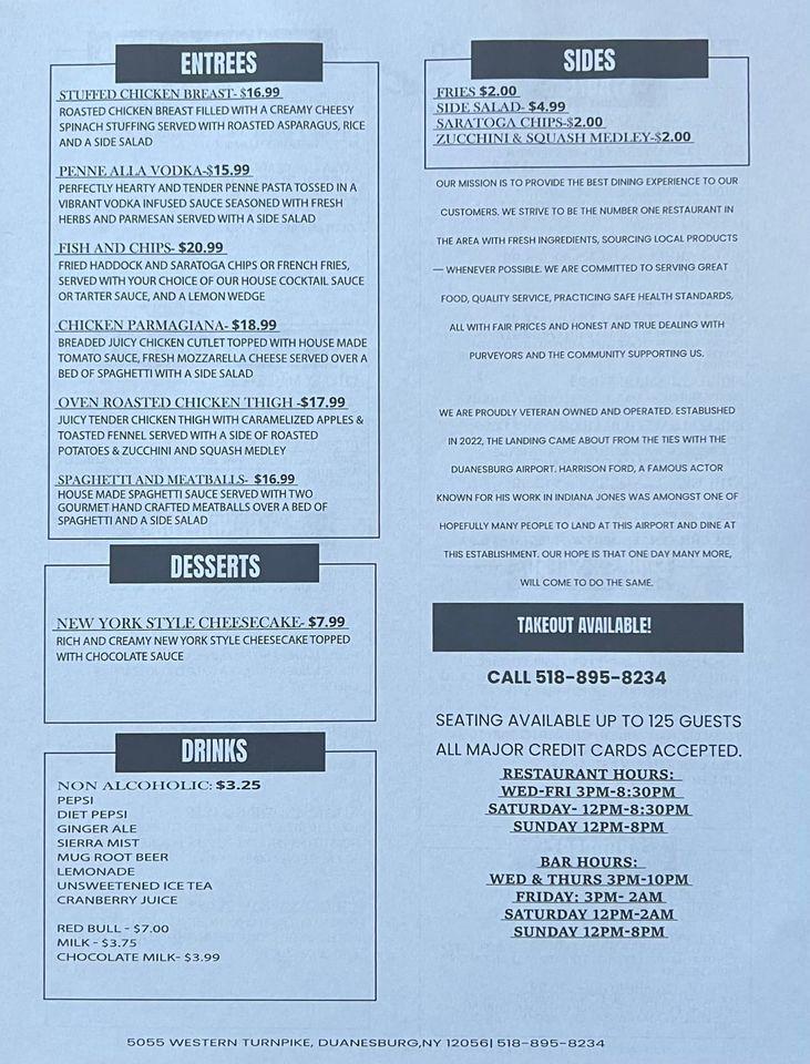 Menu at The Landing On 20 pub & bar, Duanesburg