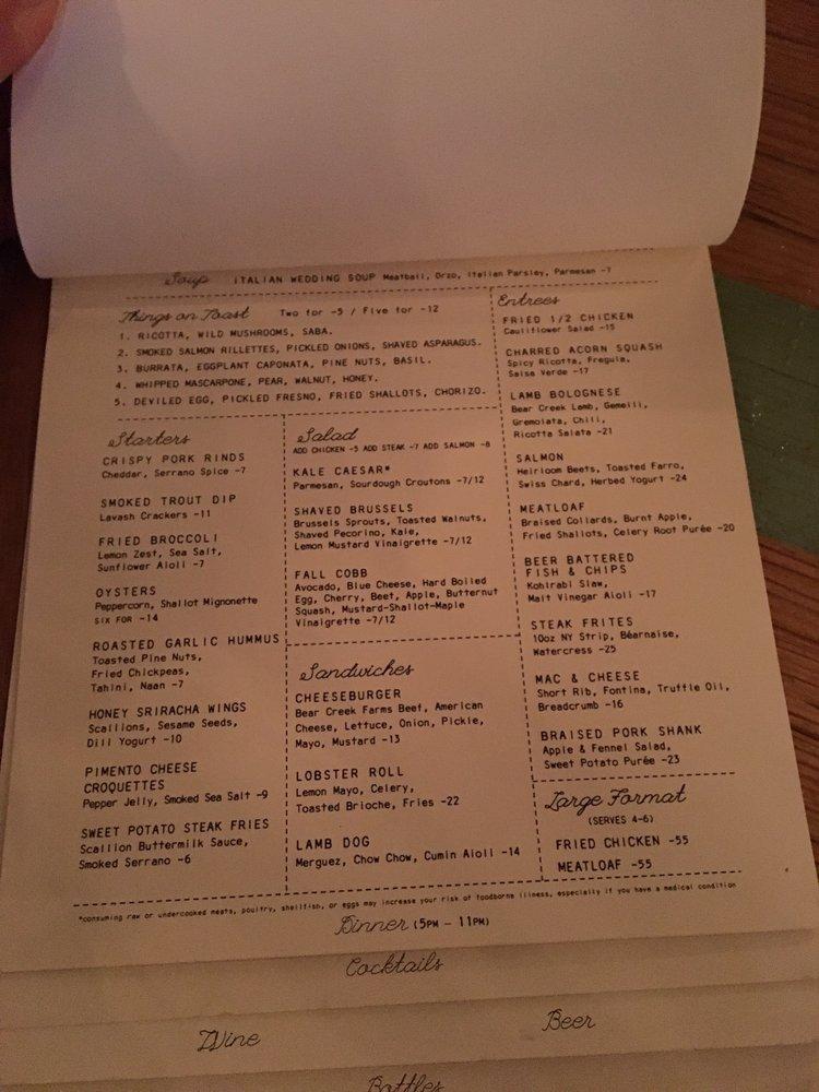 Menu at Pinewood club, Nashville