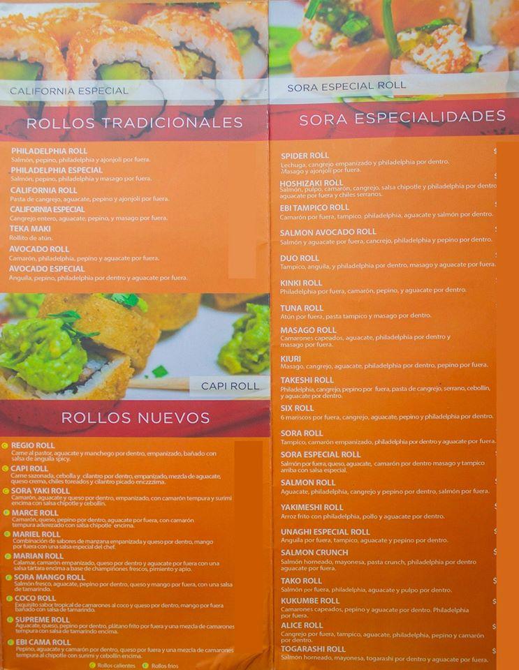 Carta de Sora Sushi Bar, Reynosa