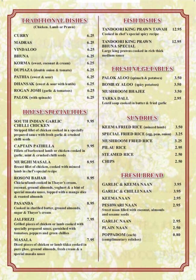 Menu at The Spice Ambassador restaurant, Cardiff