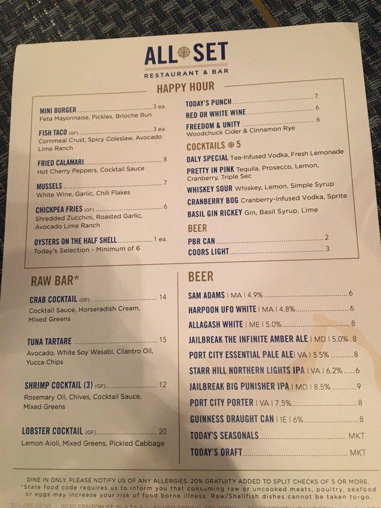 Menu at All Set Restaurant & Bar, Silver Spring