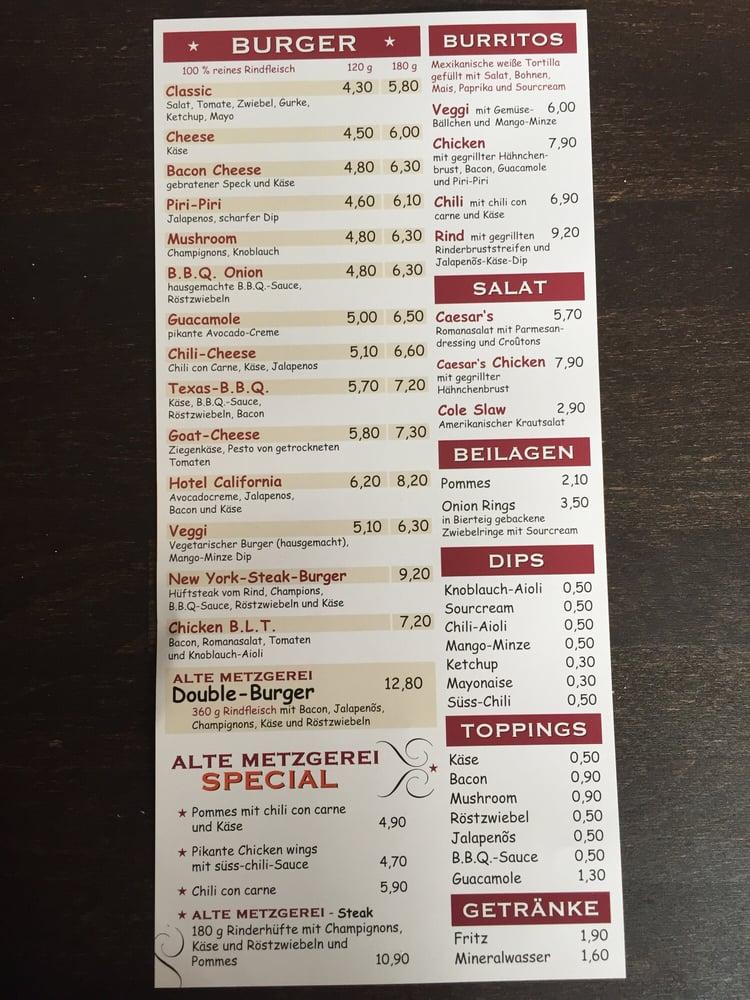 Menu at Alte Metzgerei - Burger & Grill restaurant, Cologne