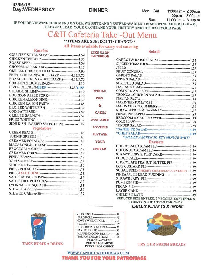 Menu at C&H Cafeteria, Kernersville