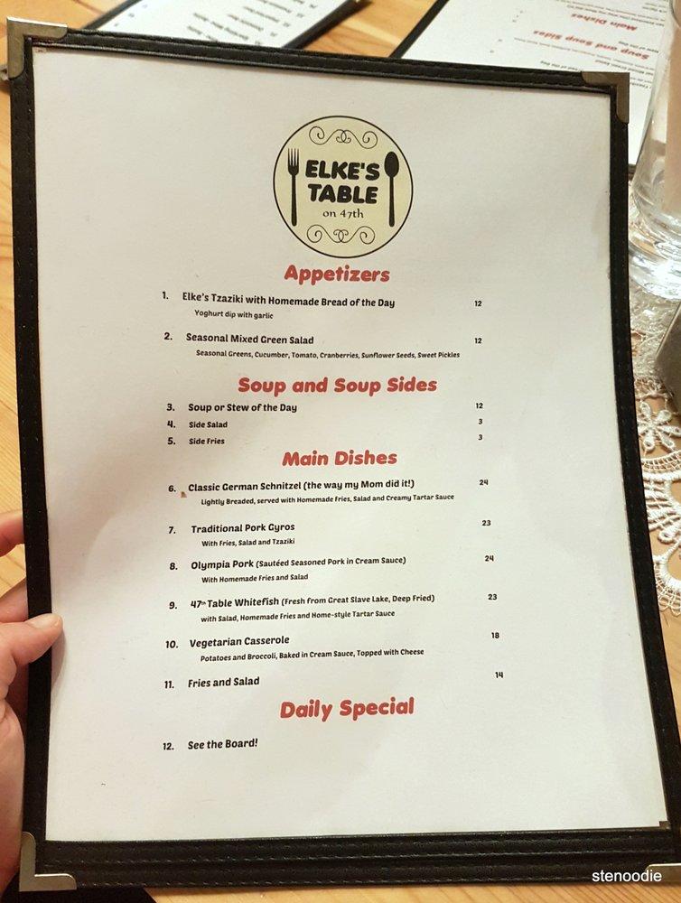 Menu at Elke's Table on 47th restaurant, Yellowknife