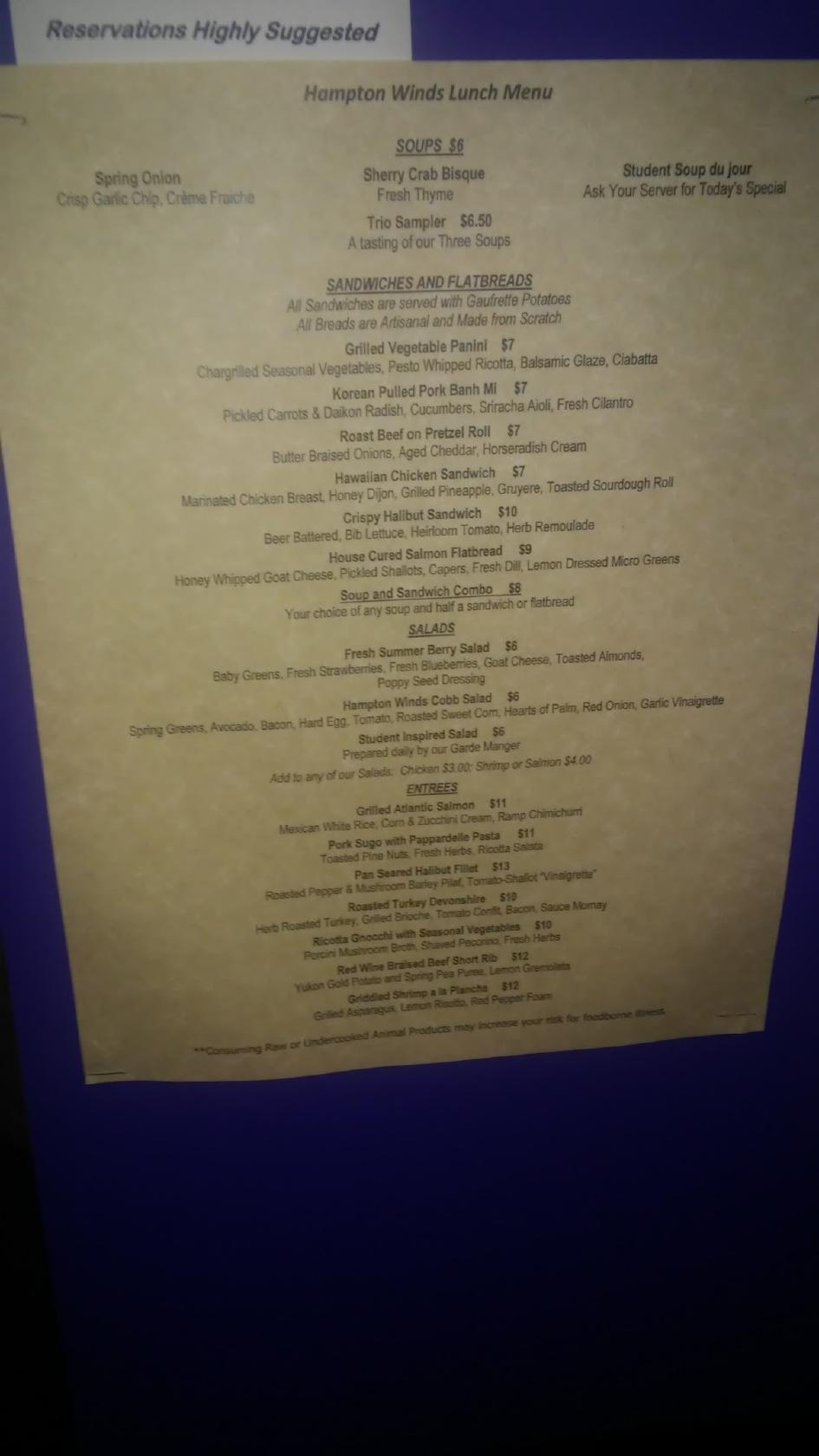 Menu at Hampton Winds restaurant, Bethlehem