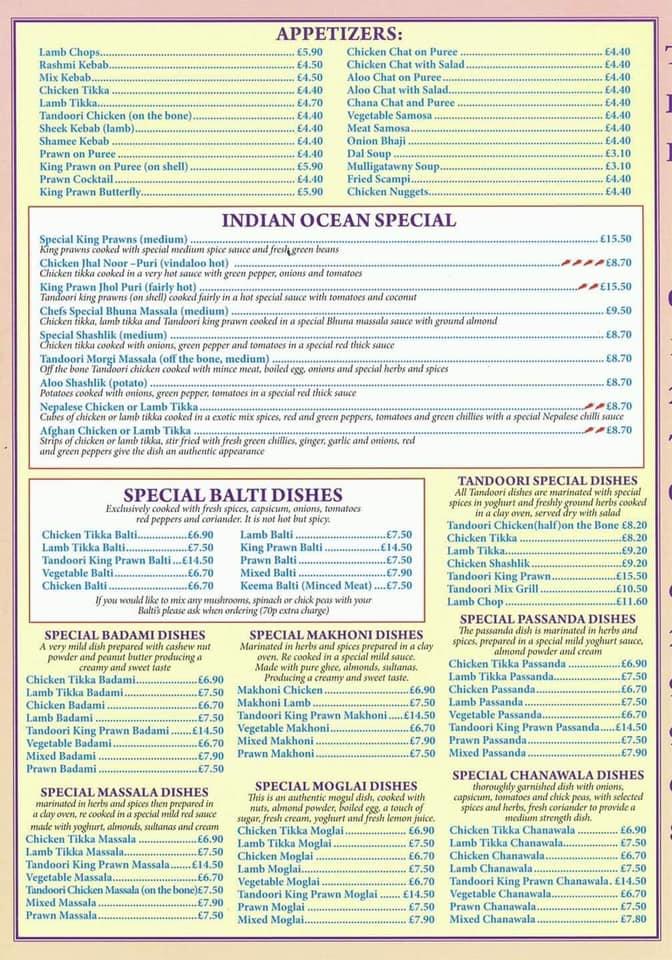 Menu at Indian Ocean restaurant, Nantwich