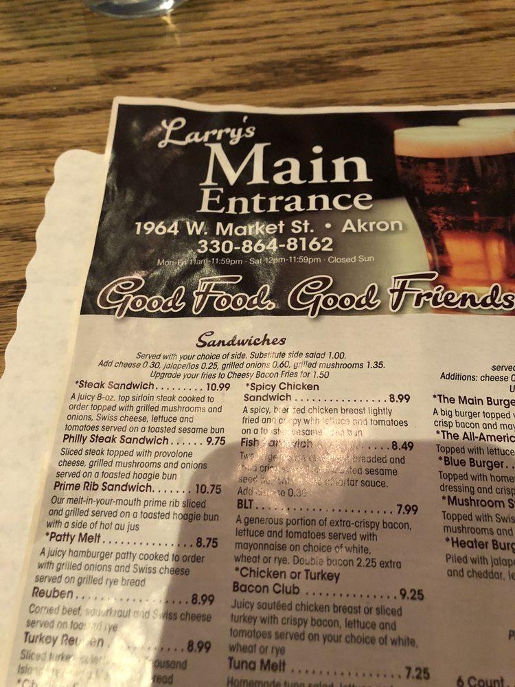 Menu at Larry's Main Entrance restaurant, Akron