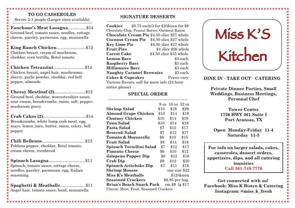 Menu at Miss K's Kitchen cafe, Port Aransas