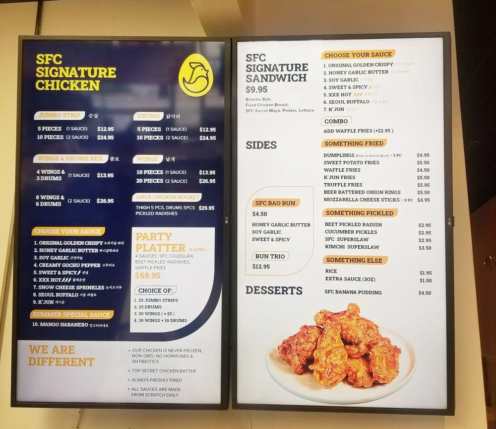 Menu at SFC SEOUL FRIED CHICKEN restaurant, Edison
