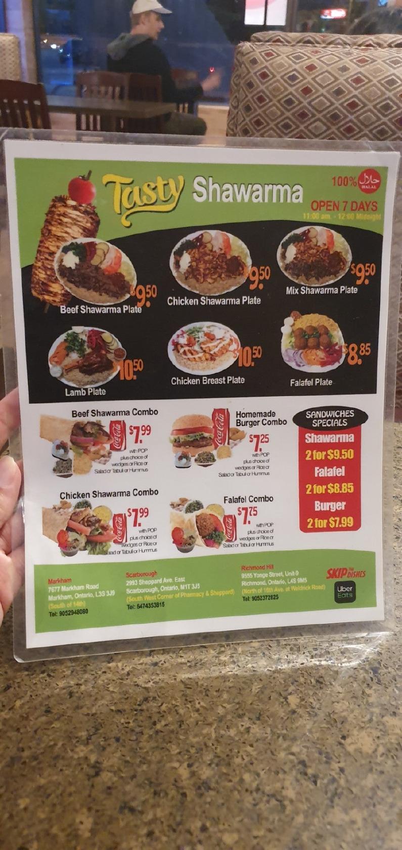 Menu at Tasty Shawarma restaurant, Richmond Hill
