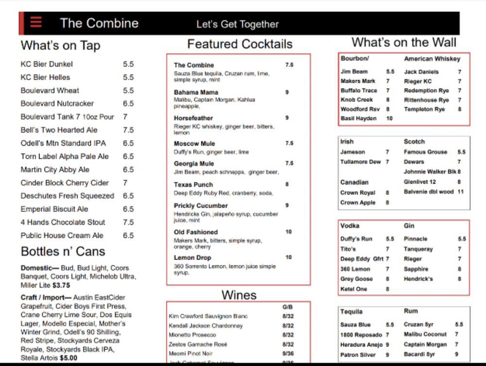 Menu at The Combine pub & bar, Kansas City