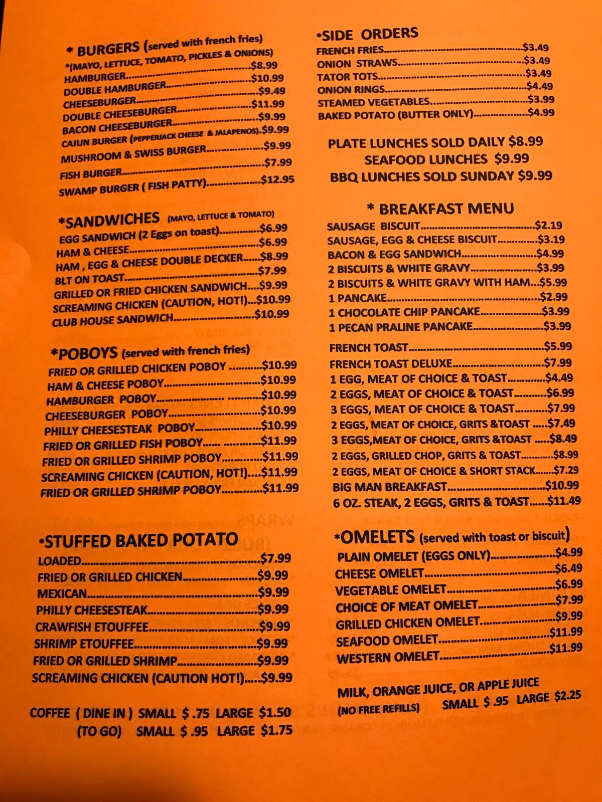 Menu at The New Ronnie's Cajun Cafe, Eunice