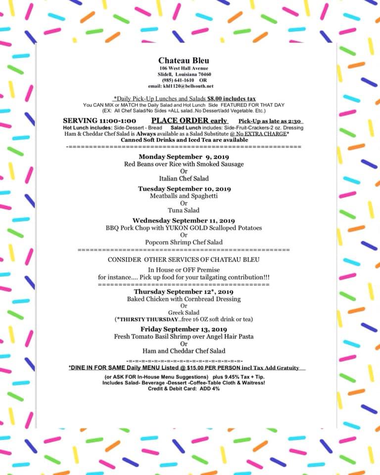 Menu at Chateau Bleu Caterers restaurant, Slidell