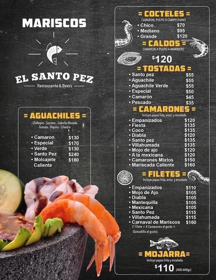 Menu at El Santo Pez restaurant, Ciudad Juarez, Pedro Rosales de León ...