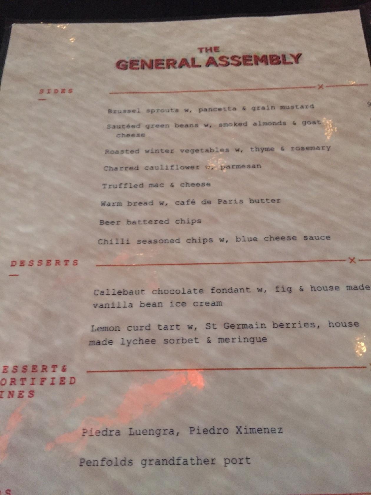 Menu at The General Assembly pub & bar, South Wharf