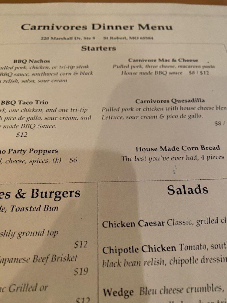 Menu at Carnivores Meats & Drinks steakhouse, Saint Robert