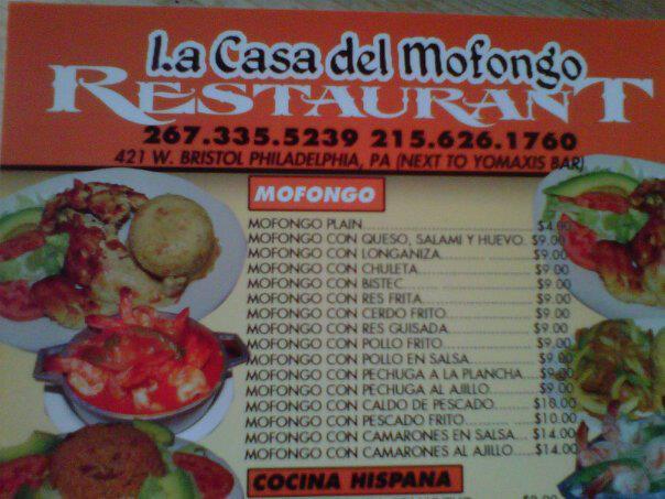 Menu at Casa Del Mofongo pub & bar, Philadelphia, N 5th St