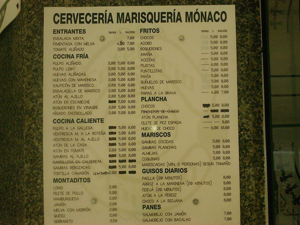Menu at Cervecería Cafetería Mónaco, Islantilla