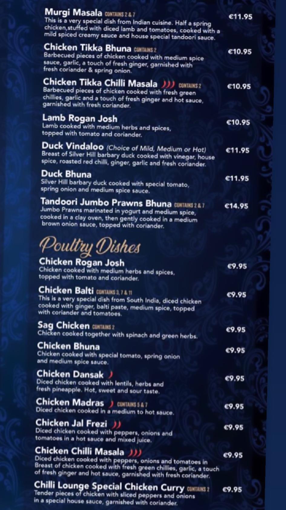 Menu at Chilli Lounge restaurant, Cavan