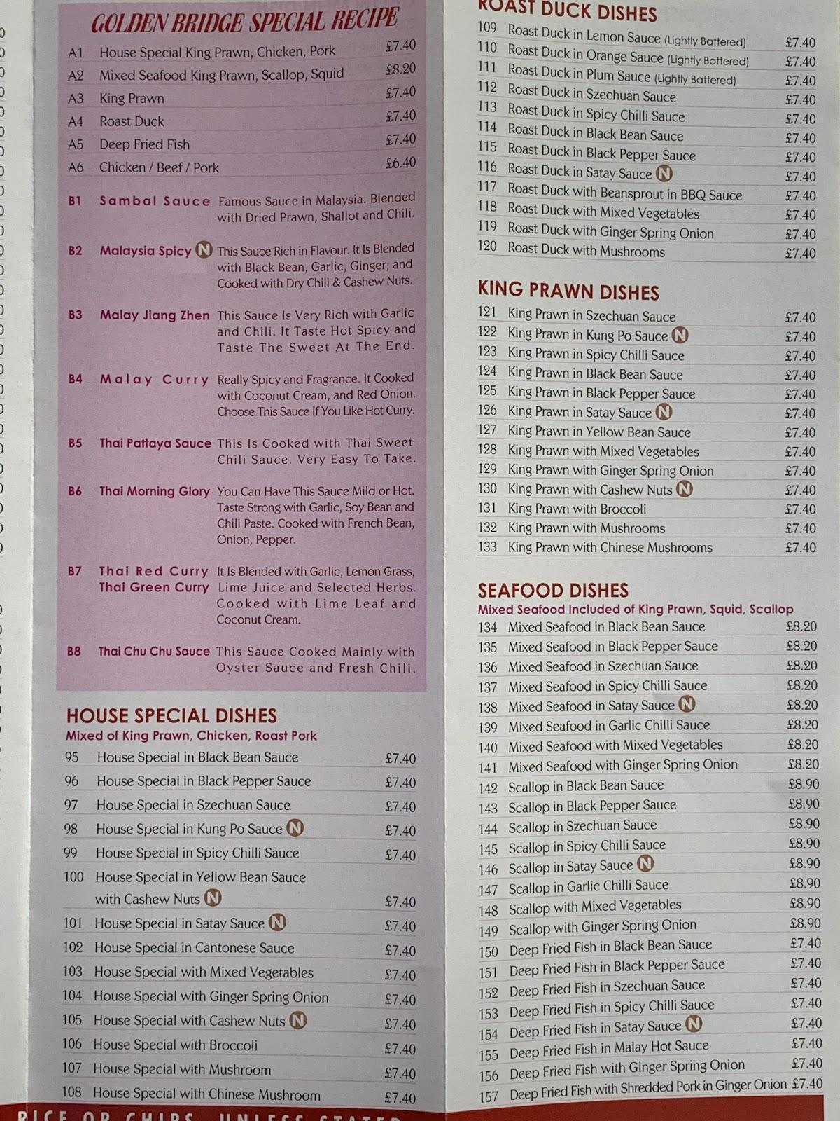 Menu at Golden Bridge restaurant, Liverpool, 9 Duke St