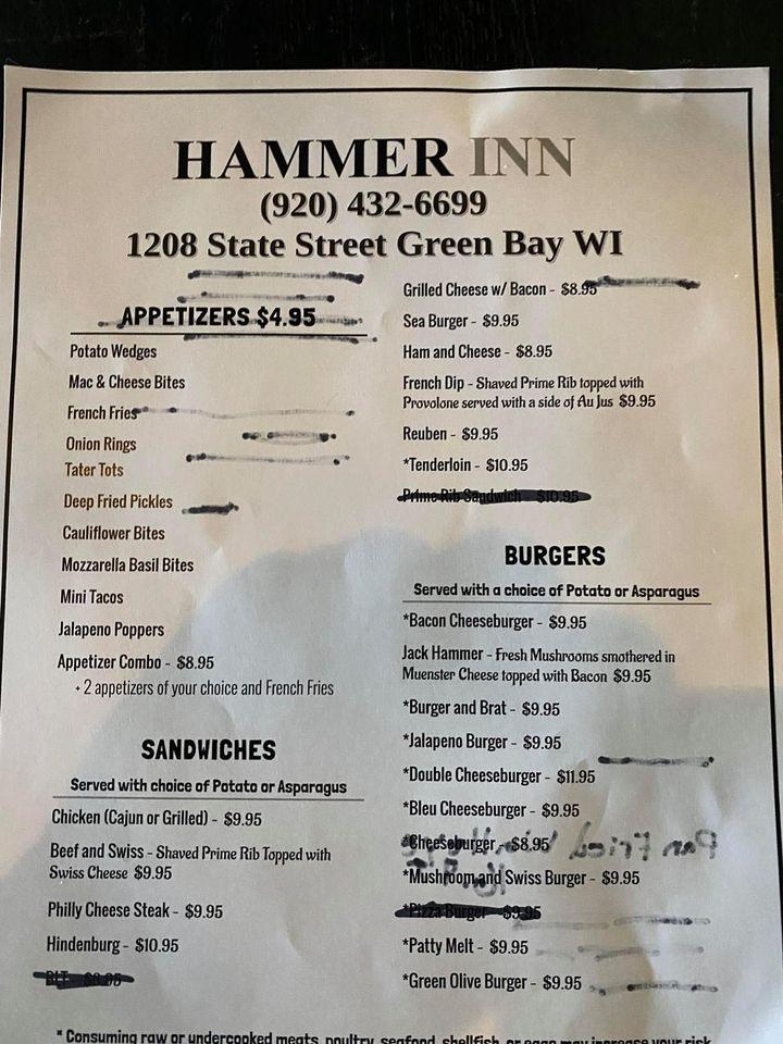 Menu at Hammer Inn pub & bar, Green Bay