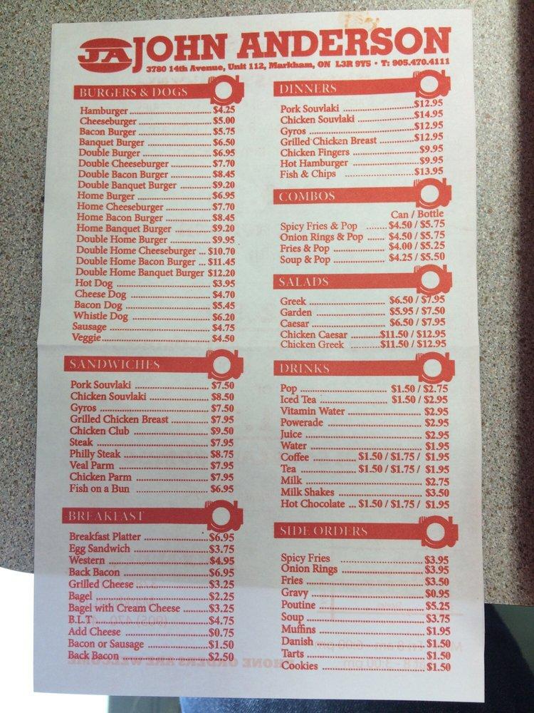 Menu at John Anderson Hamburgers restaurant, Markham, 14th Ave