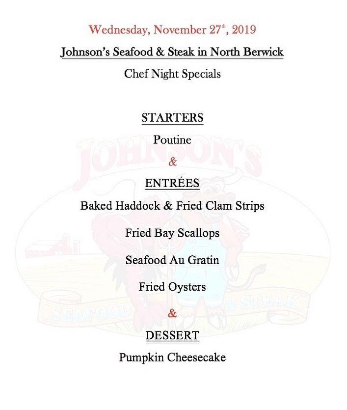 Menu at Johnsons Seafood & Steak steakhouse, North Berwick