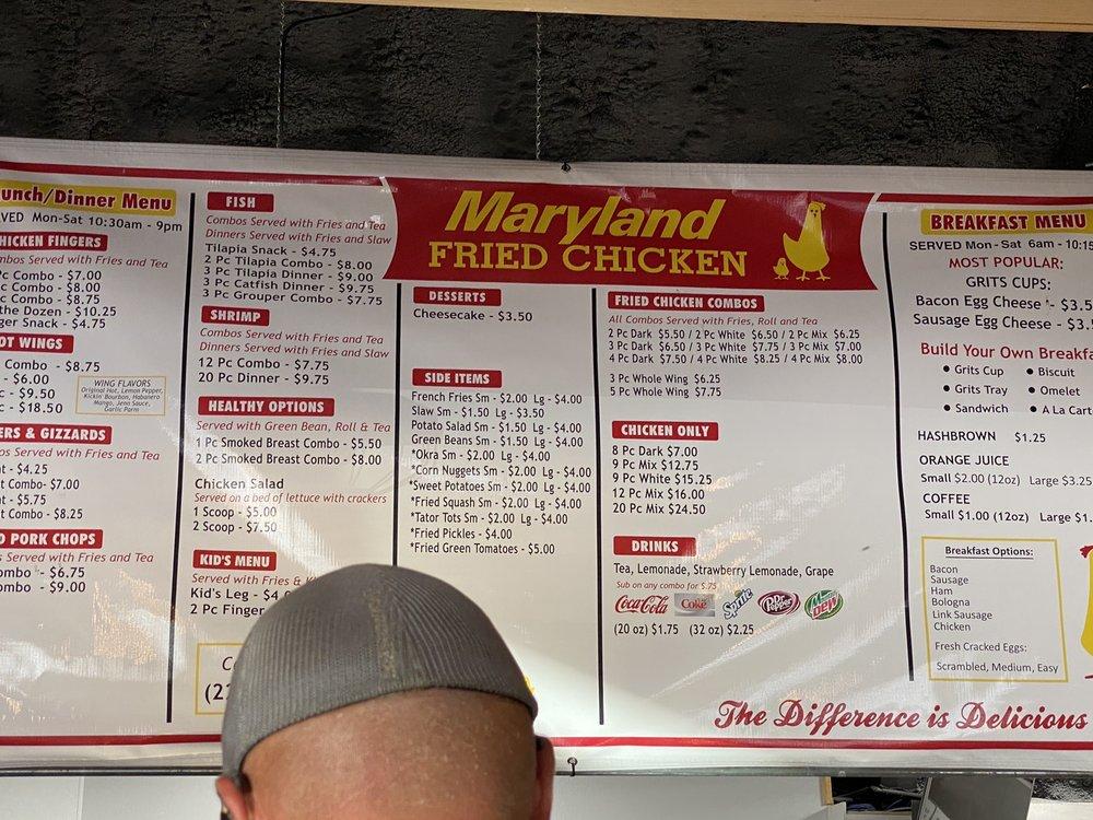 Menu at Maryland Fried Chicken restaurant, Cairo, 748 US-84