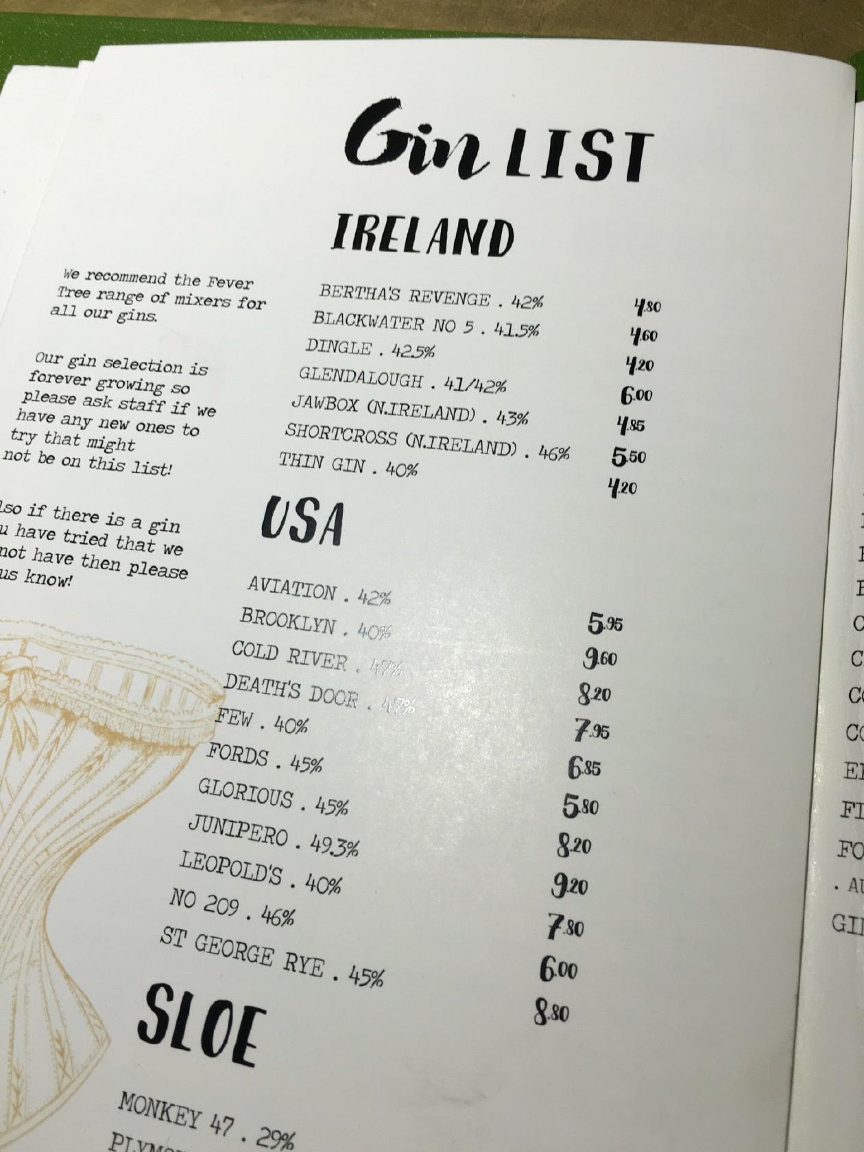 Menu at Muriel's Cafe Bar, Belfast