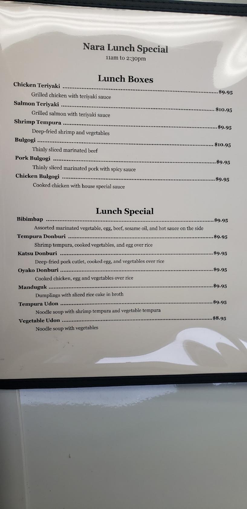 Menu at NARA SUSHI restaurant, North Adams