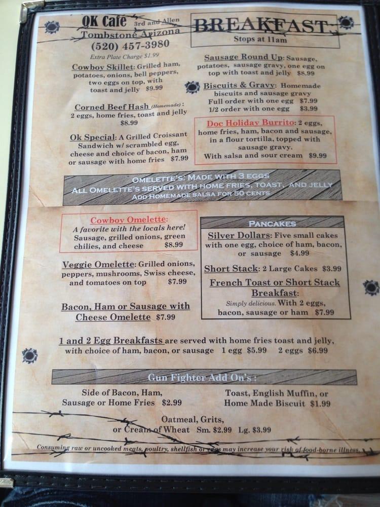 Menu at O K Cafe Tombstone, Tombstone