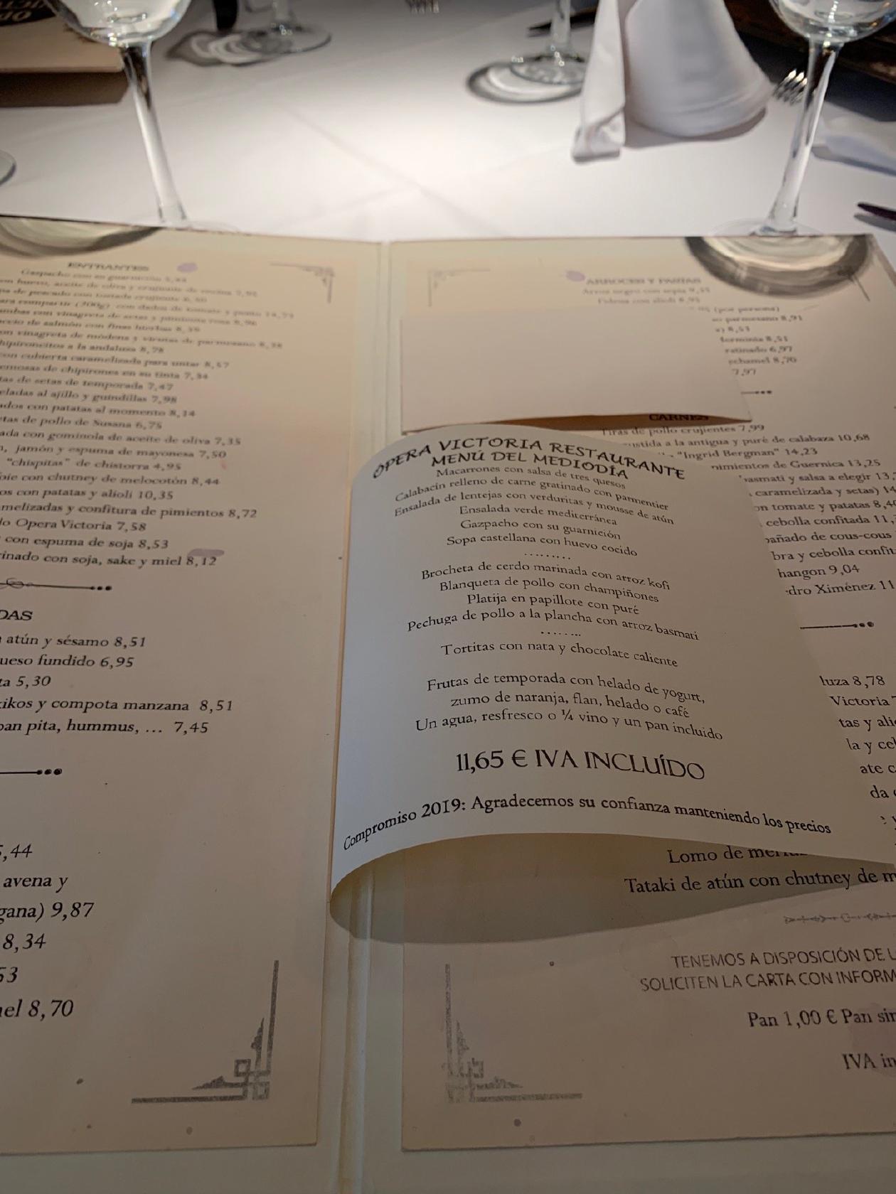 Carta de Ópera Victoria Restaurante, Madrid