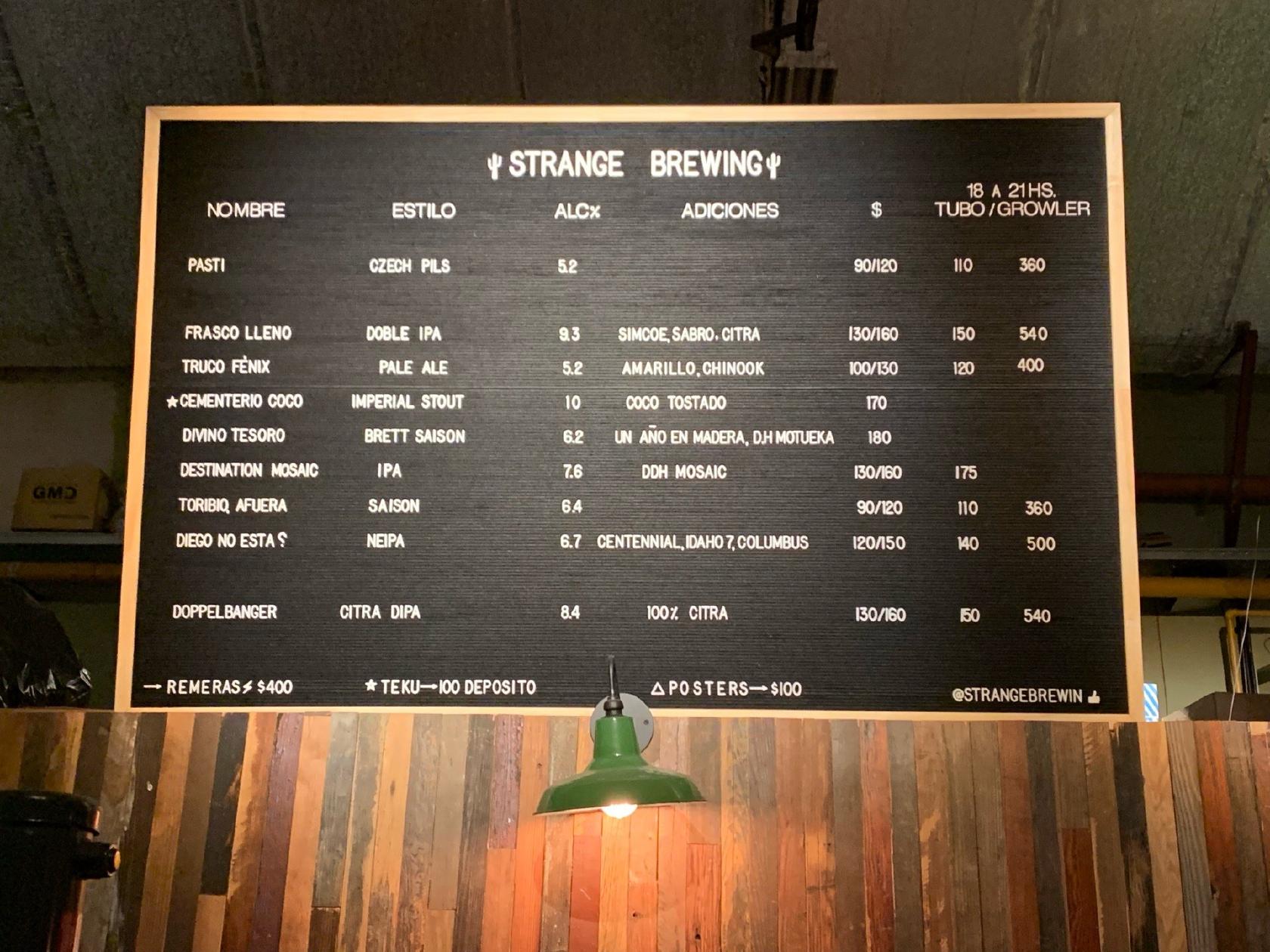 Carta del pub y bar Strange Brewing, Buenos Aires