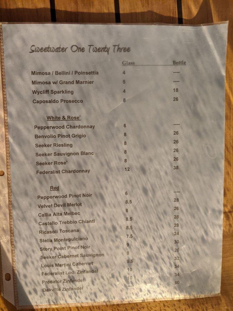 Menu at Sweetwater One Twenty Three restaurant, Summerville