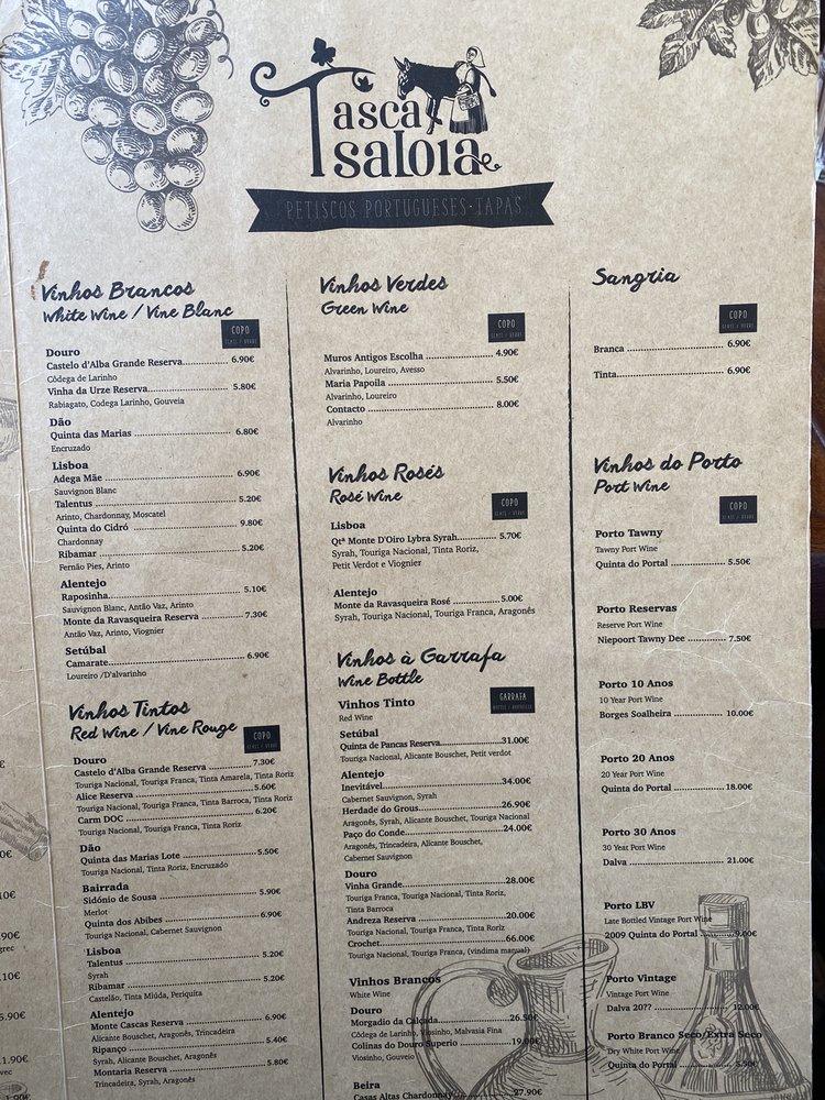 Menu at Tasca Saloia pub & bar, Sintra