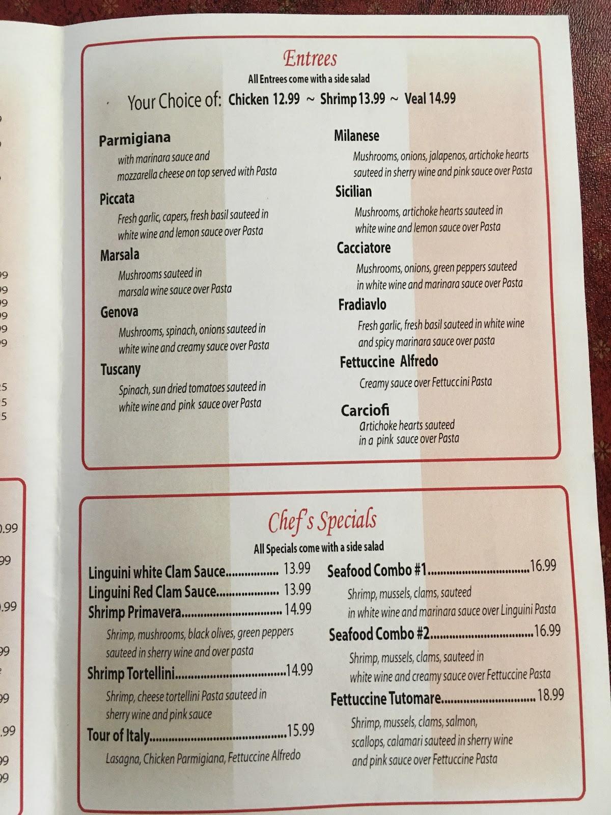 Menu at Tuscany’s Italian Restaurant, Springtown
