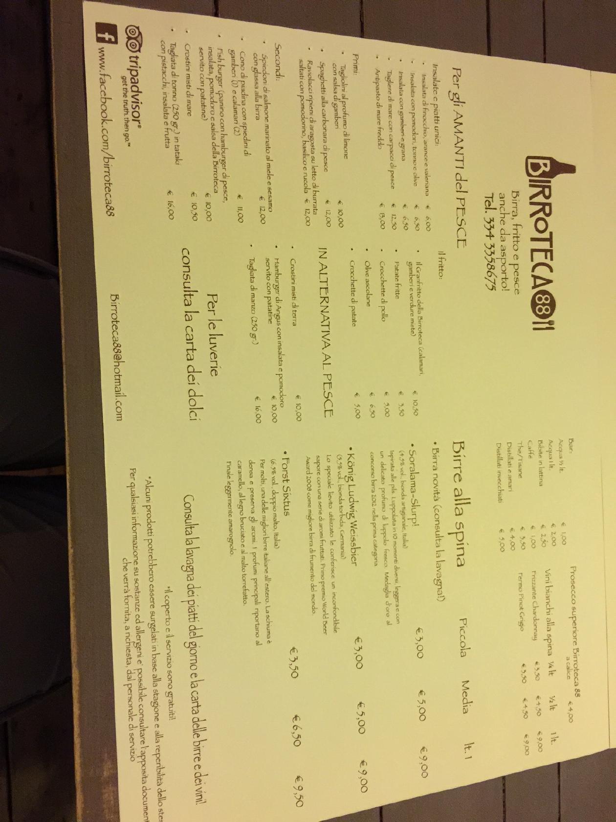 Carta del restaurante Birroteca 88, Cattolica
