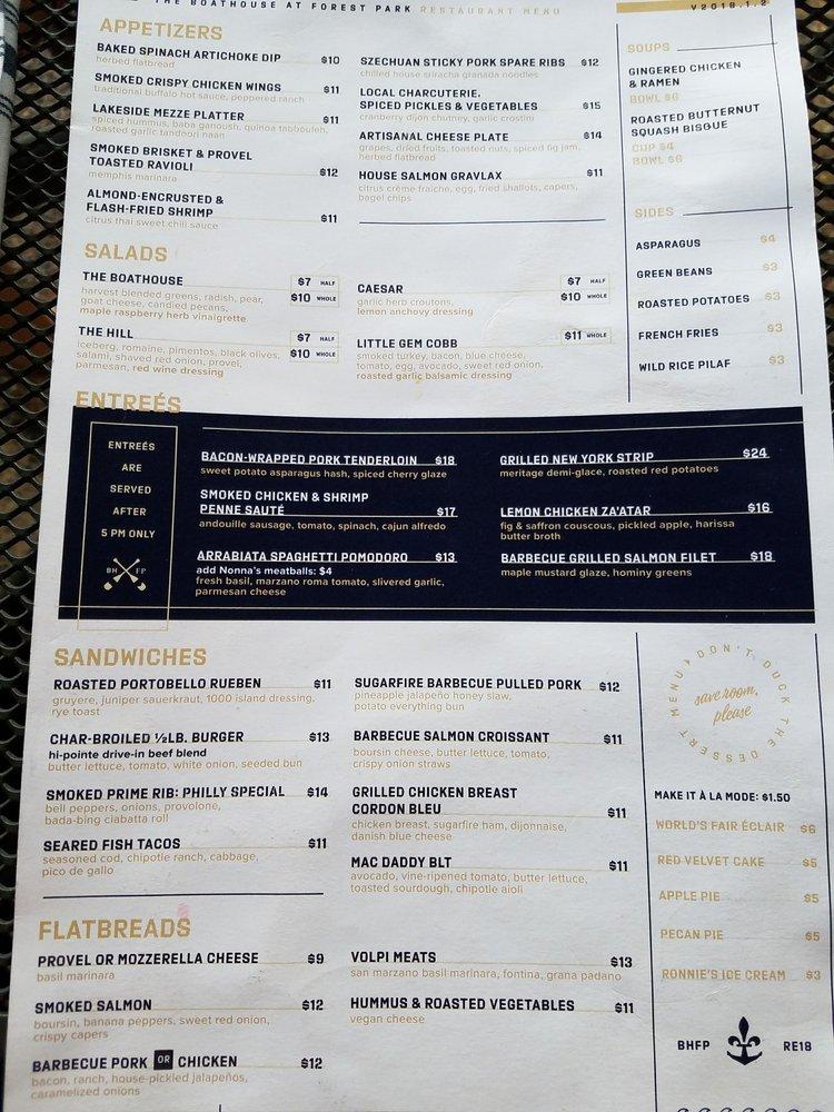 Menu at Boathouse at Forest Park restaurant, St. Louis
