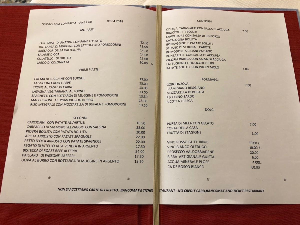 Menu at La Latteria restaurant, Milan, Via S. Marco