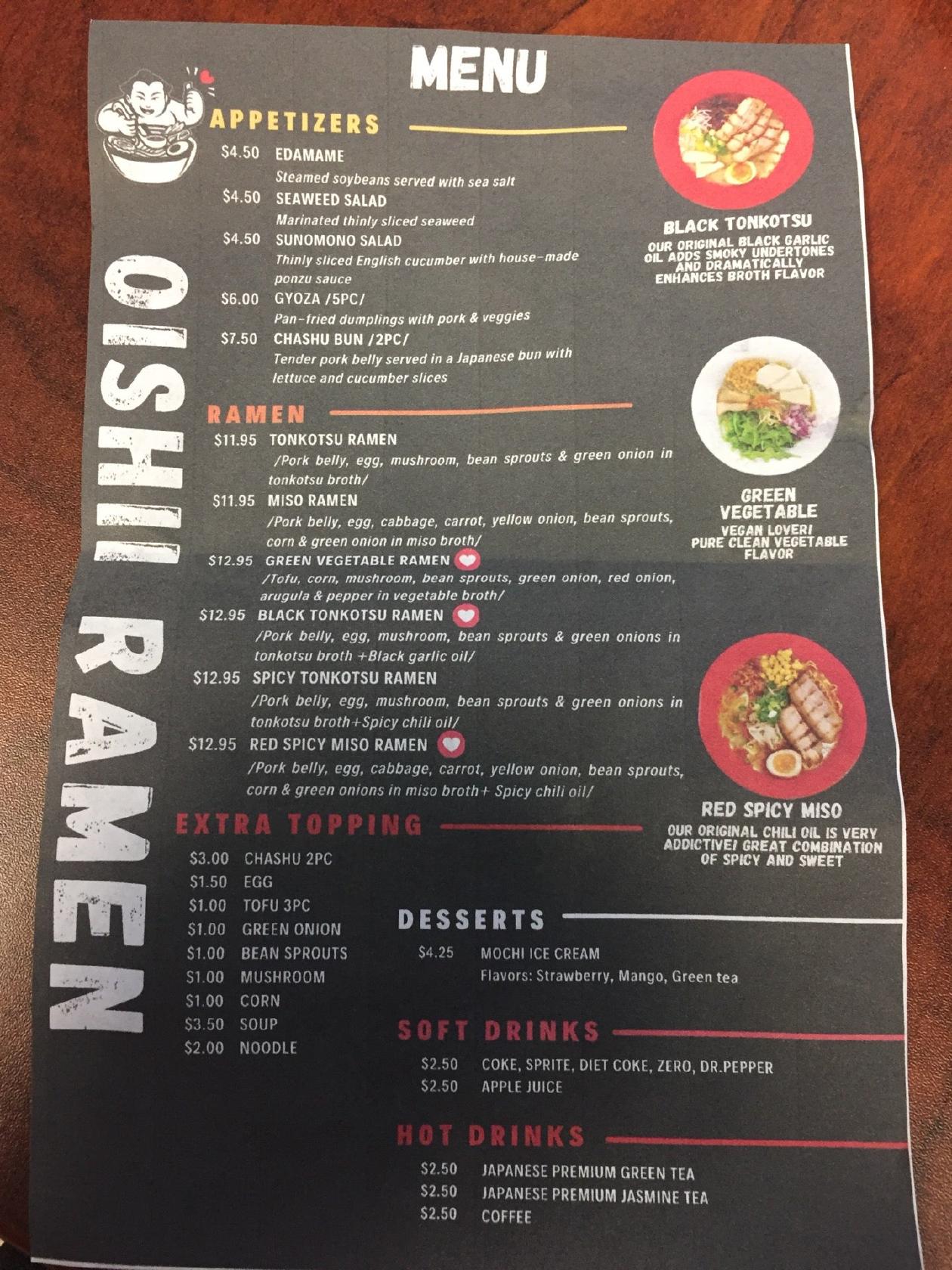 Menu at Oishii ramen restaurant, Denver
