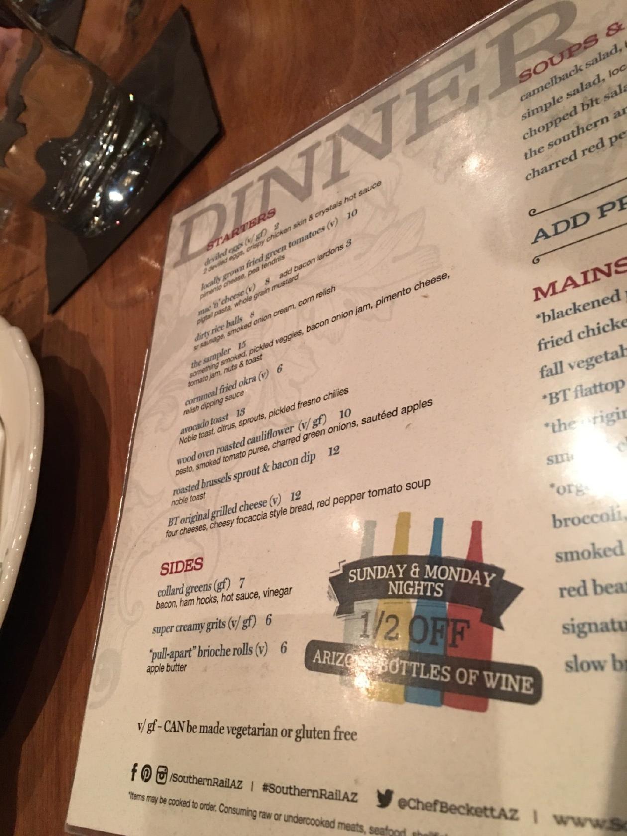 Menu at Southern Rail Restaurant, Phoenix