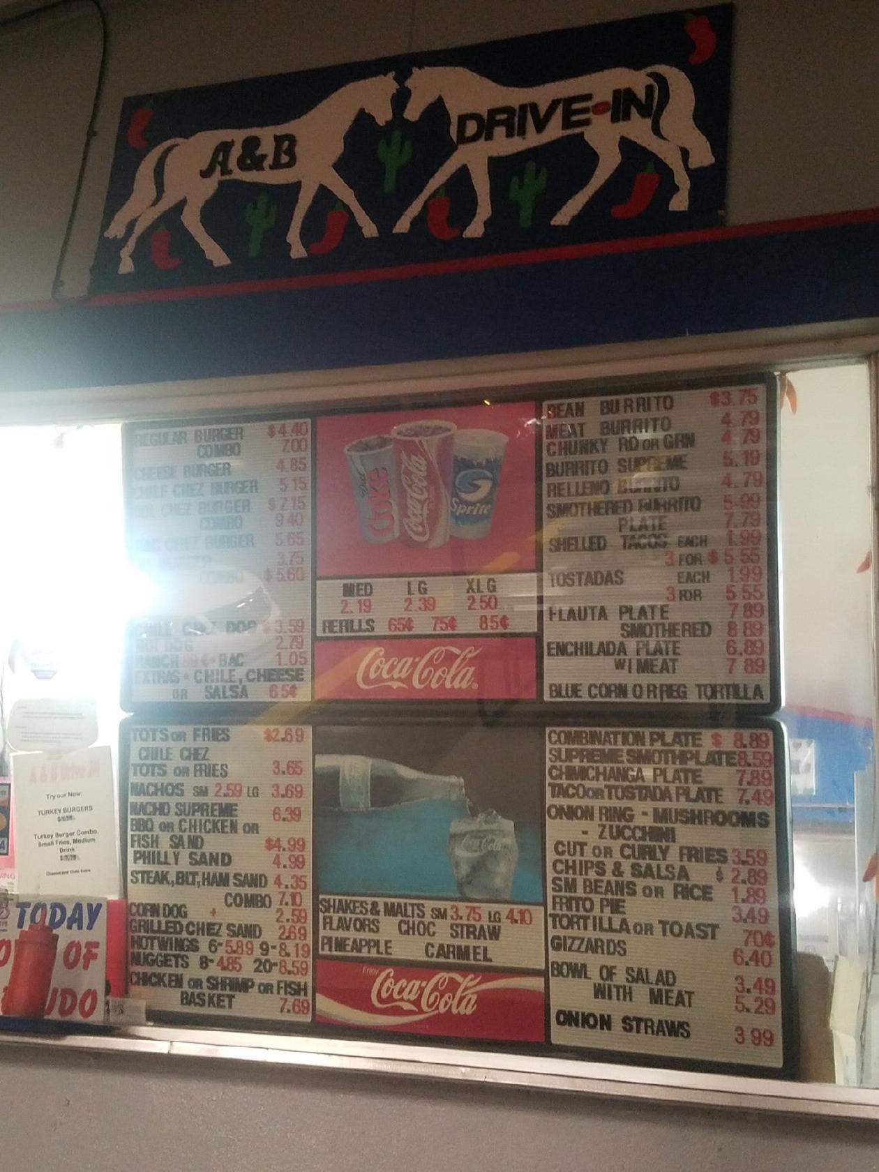 Menu at A & B Drive In restaurant, Truth or Consequences