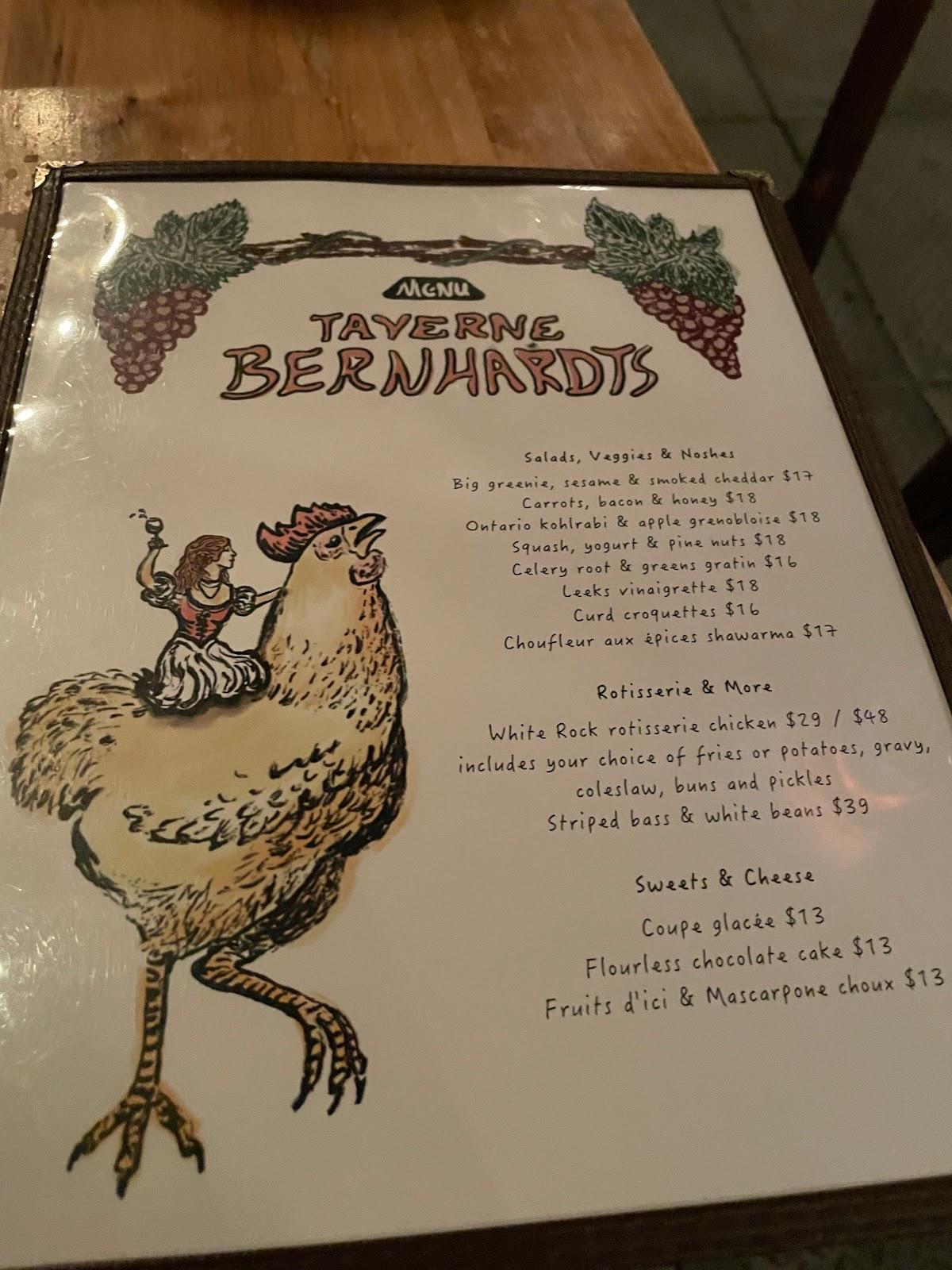 Menu at Bernhardt's restaurant, Toronto