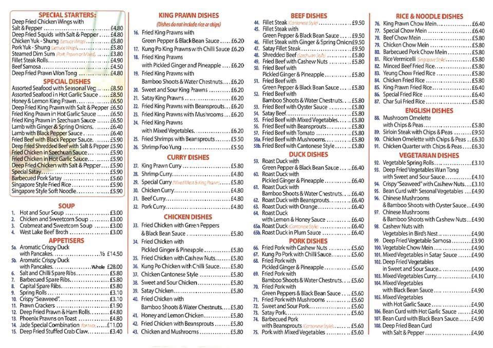 Menu at Jade Village restaurant, Menai Bridge
