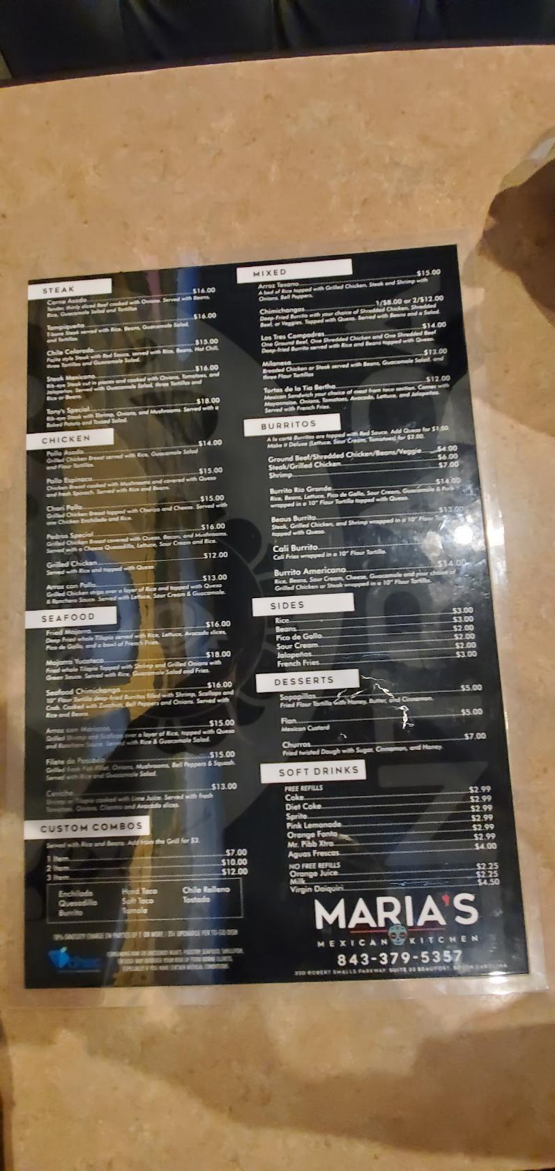 Menu at Maria's Mexican Kitchen restaurant, Beaufort