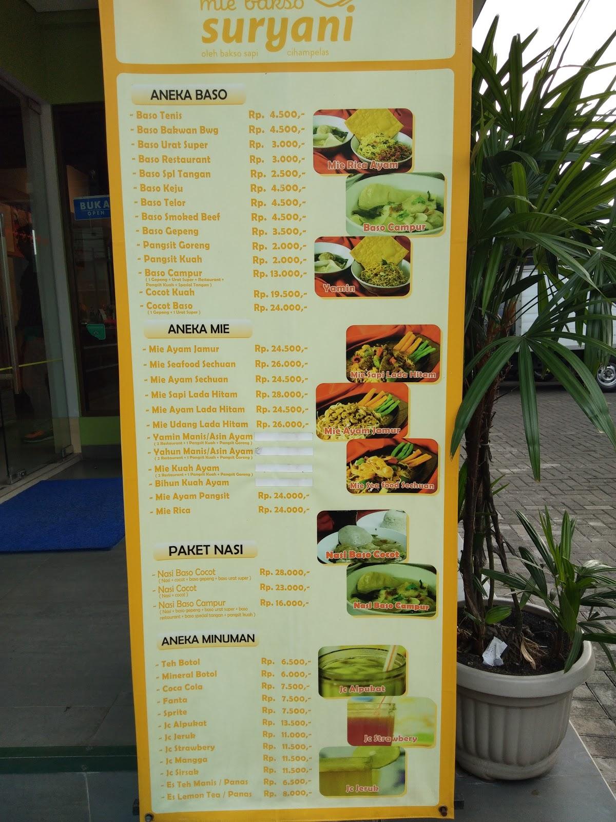 Menu at Mie Baso Suryani restaurant, Bandung