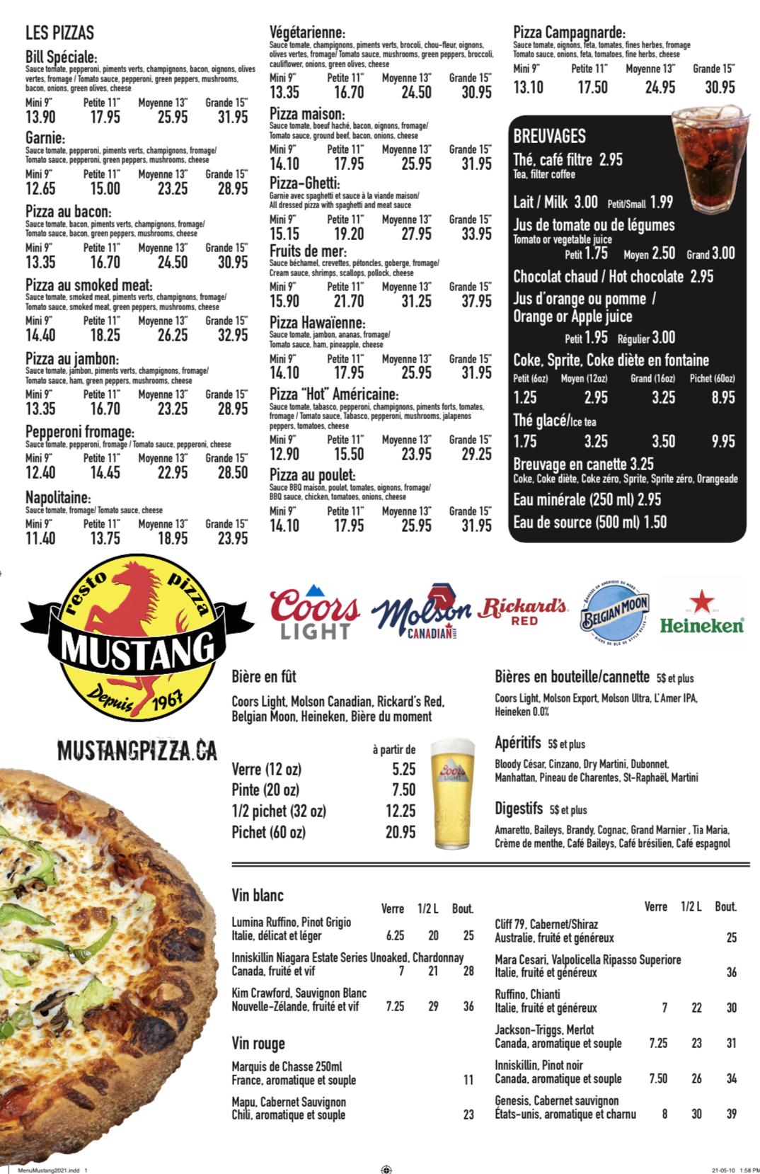 Menu au Mustang Pizza pizzeria, Levis