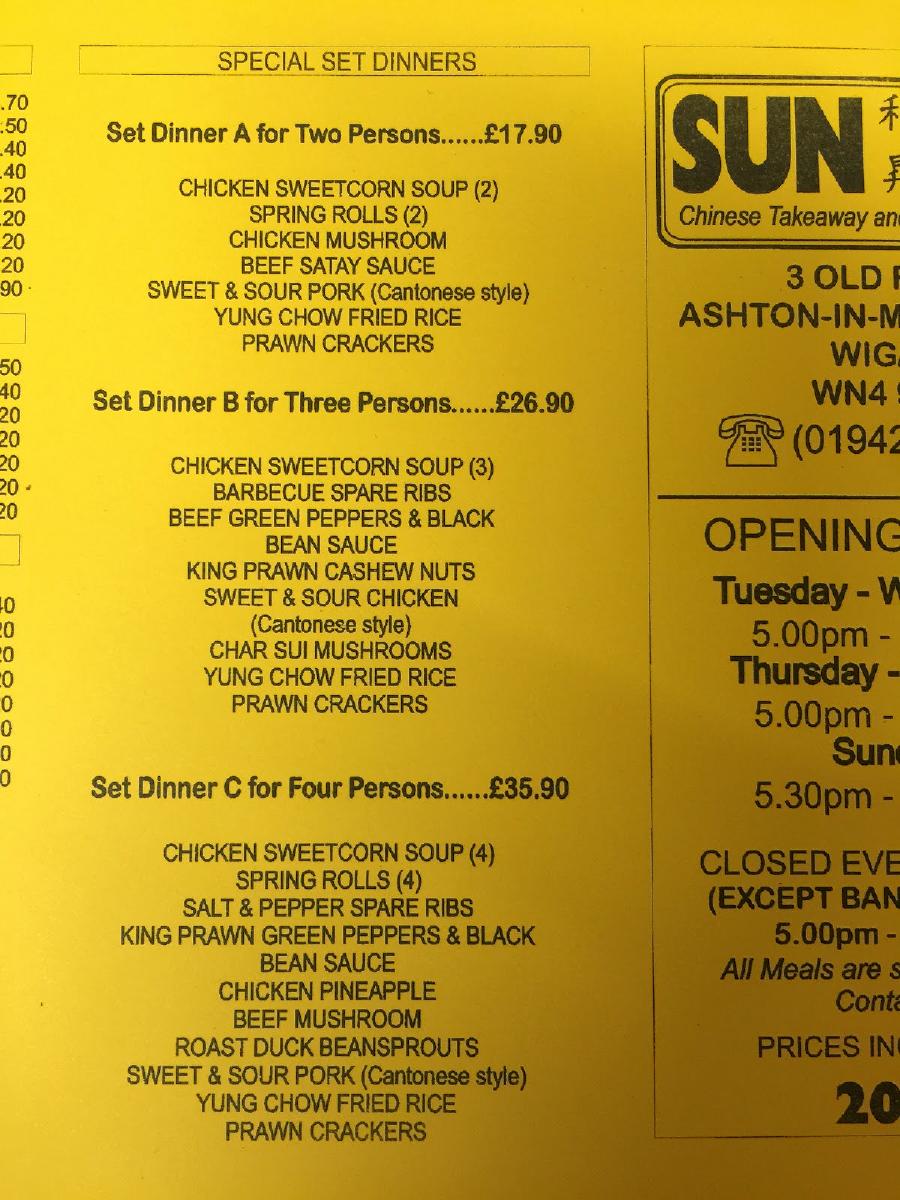 Menu at Sun Lee fast food, Wigan