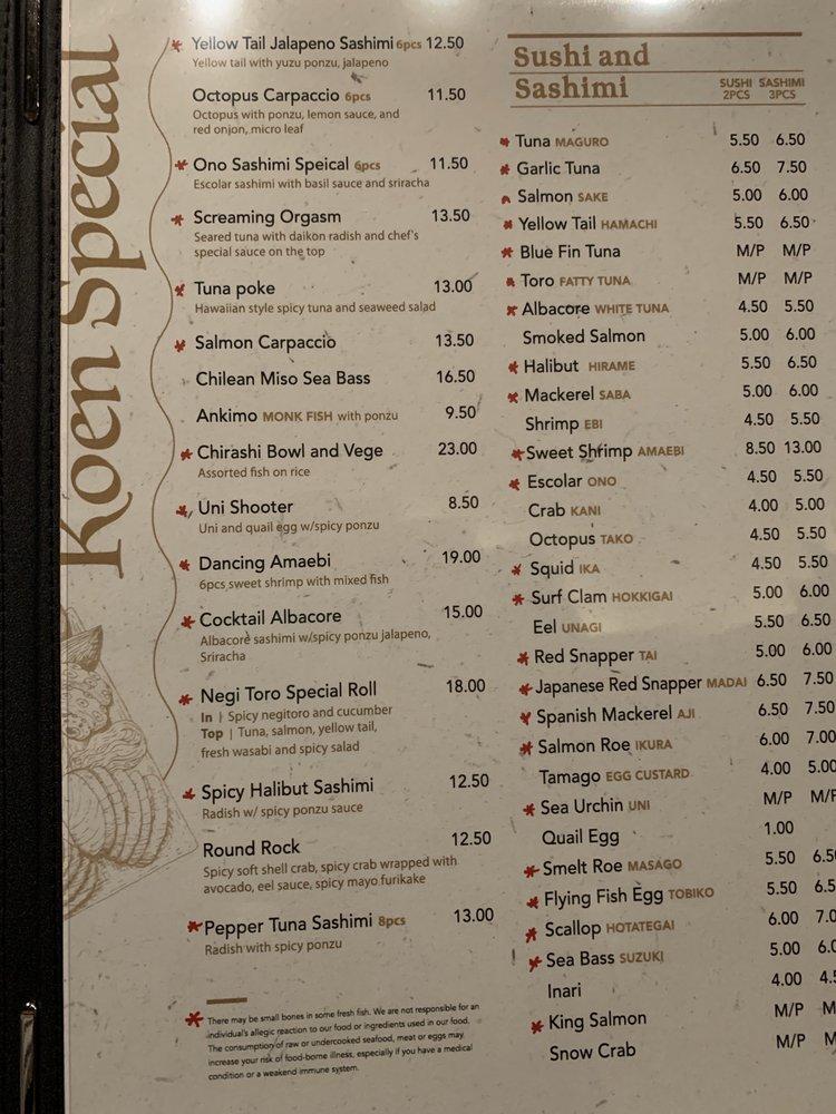 Menu at Sushi Koen restaurant, Round Rock